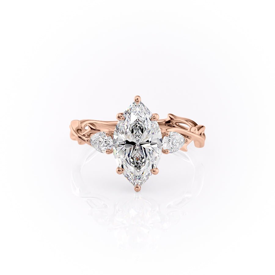 The Three Stone Twig Set With A 3.5 Carat Marquise 18K Rose Gold Moiss ...